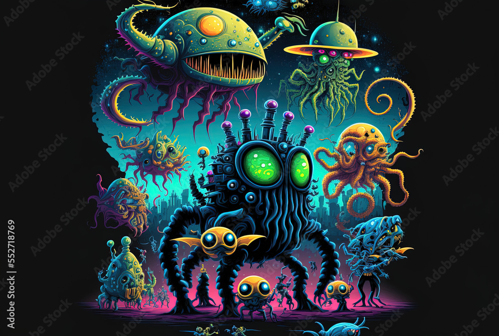 Illustration of science fiction space invaders and galactic monsters ...