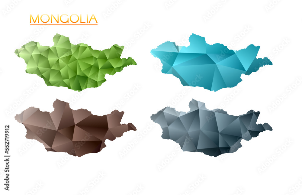Set of vector polygonal maps of Mongolia. Bright gradient map of ...