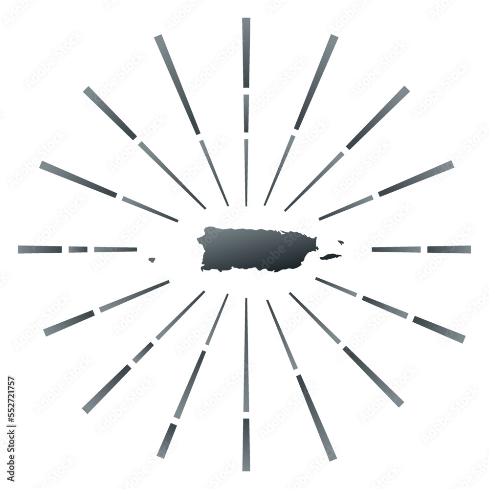 Puerto Rico gradiented sunburst. Map of the country with colorful star ...