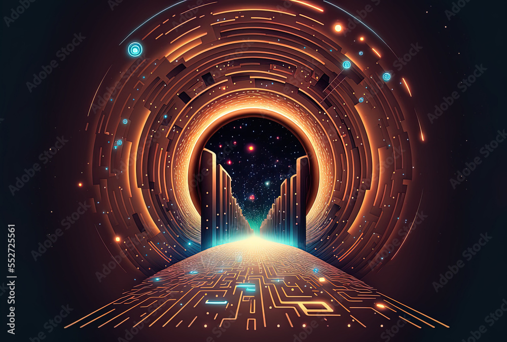 Cyberspace future gateway with abstract particle movement, digital ... Cyberspace future gateway with abstract particle movement, digital ...