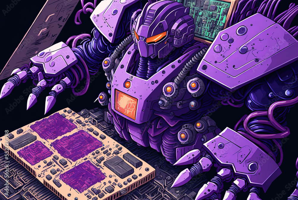 drawing of a realistic robot or closeup of motherboards and video cards ...