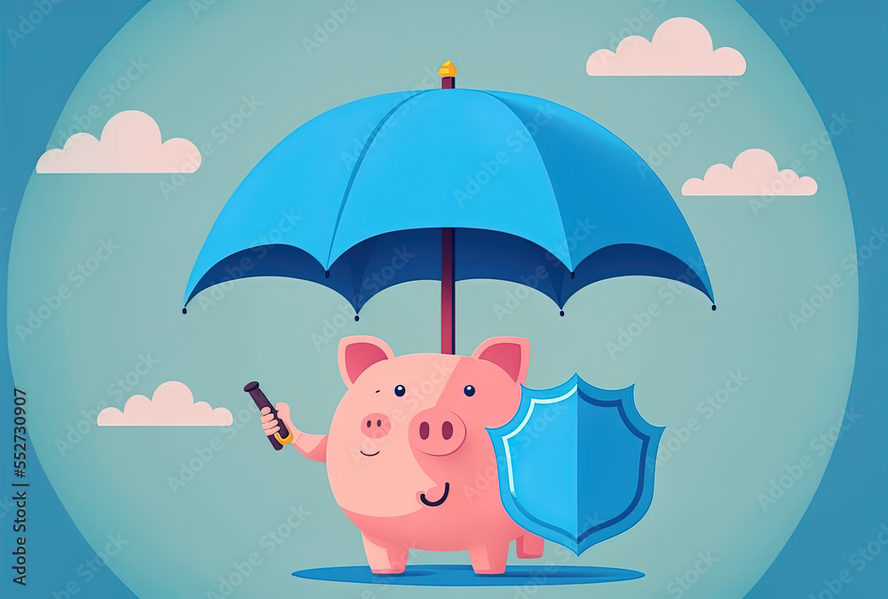 Cartoon hand protecting a piggy bank and money education plan concept ...