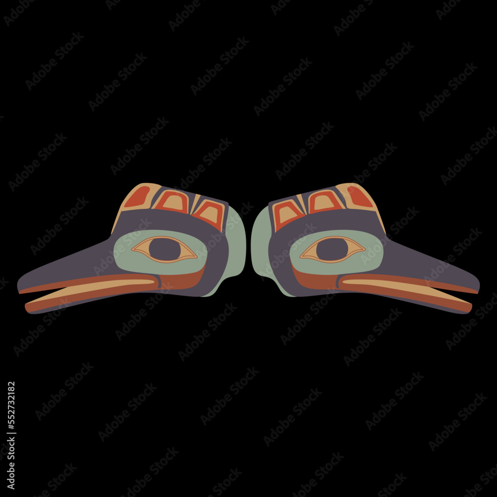 Symmetrical design with two totem raven heads. Ethnic bird mask. Native ...