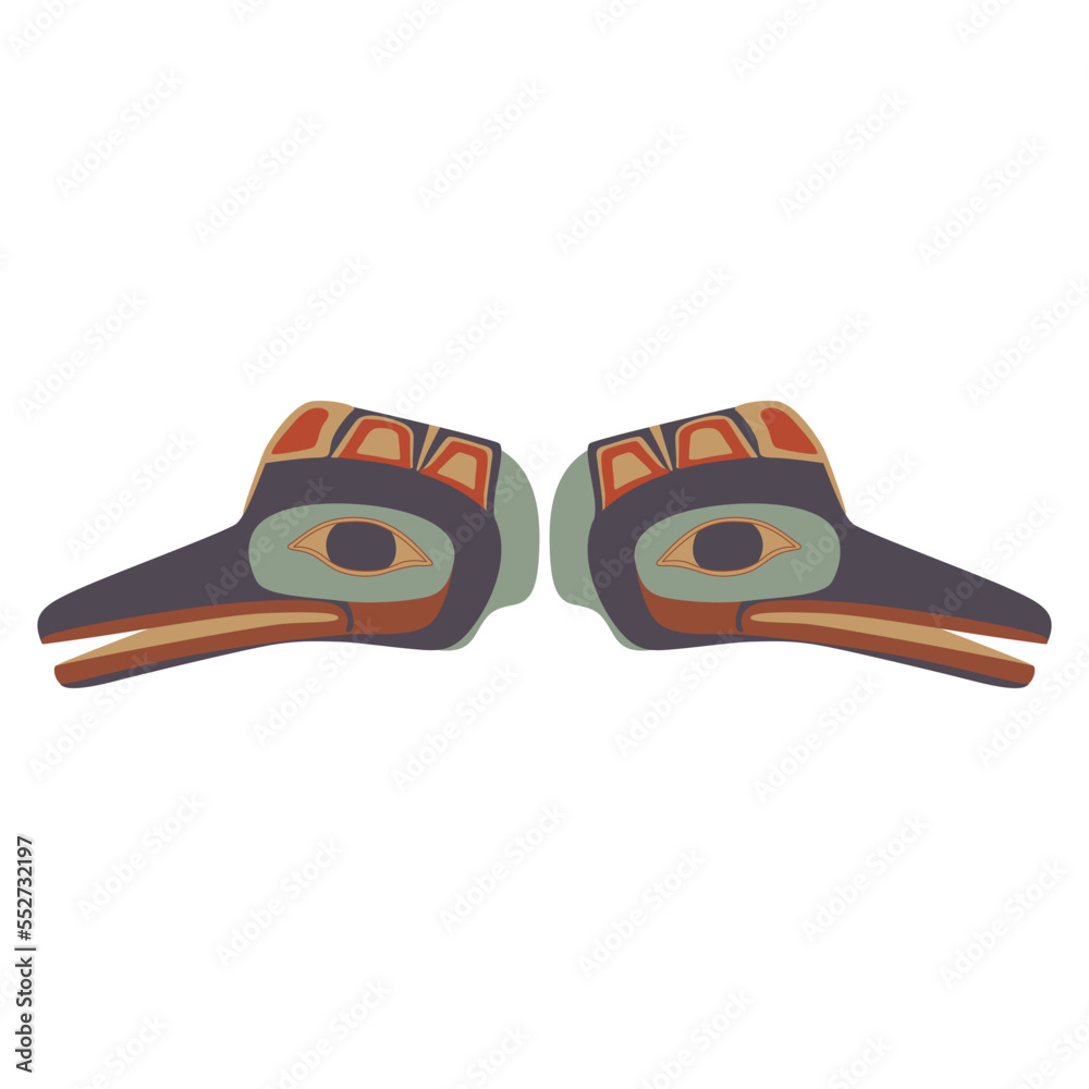 Vecteur Stock Symmetrical design with two totem raven heads. Ethnic ...