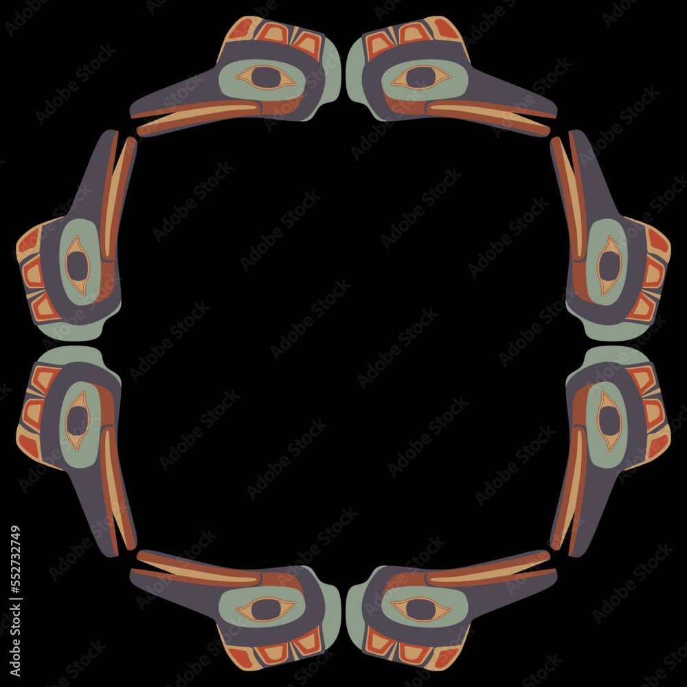 Rectangular frame design with totem raven heads. Ethnic bird mask ...