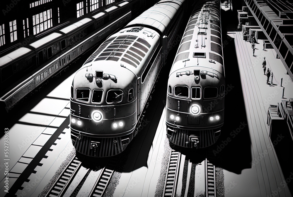 Black and white, vertical high angle image of two trains in a train ...