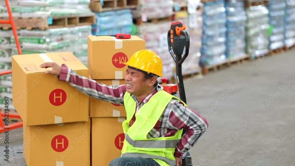 Worker with back pain while lifting boxes in a warehouse. Pain, fatigue ...