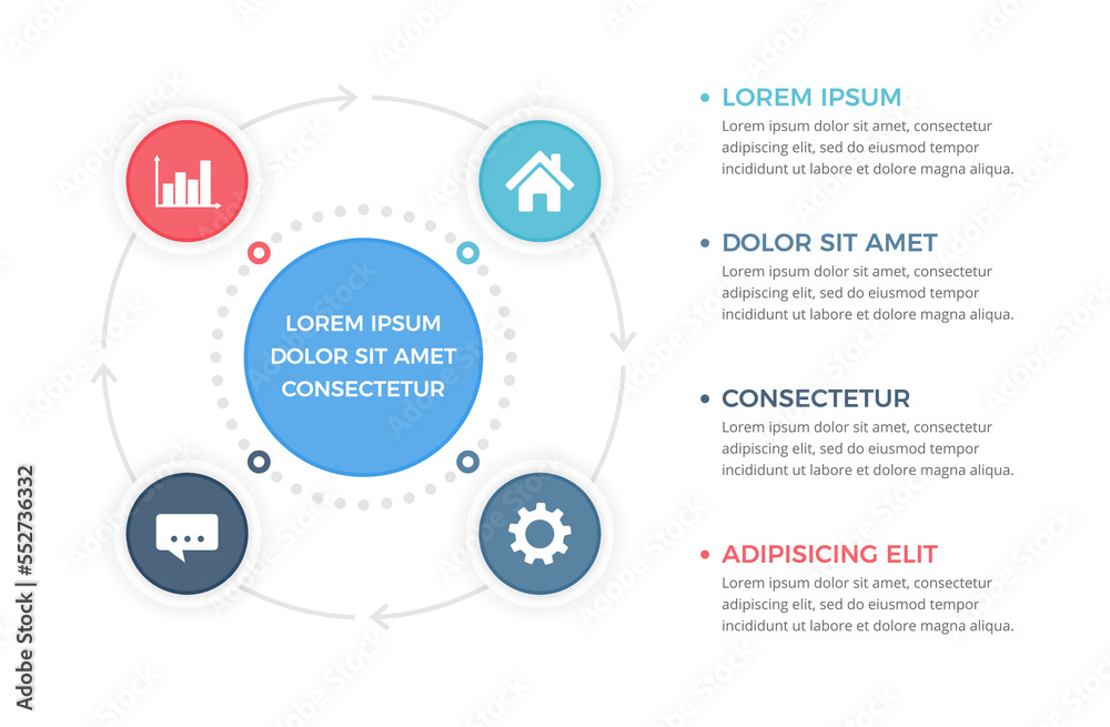Circle diagram template with four steps or options, process ...