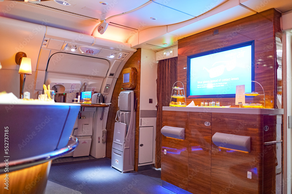 DUBAI, UAE - MARCH 31, 2015: interior of Emirates Airbus A380. Emirates ...