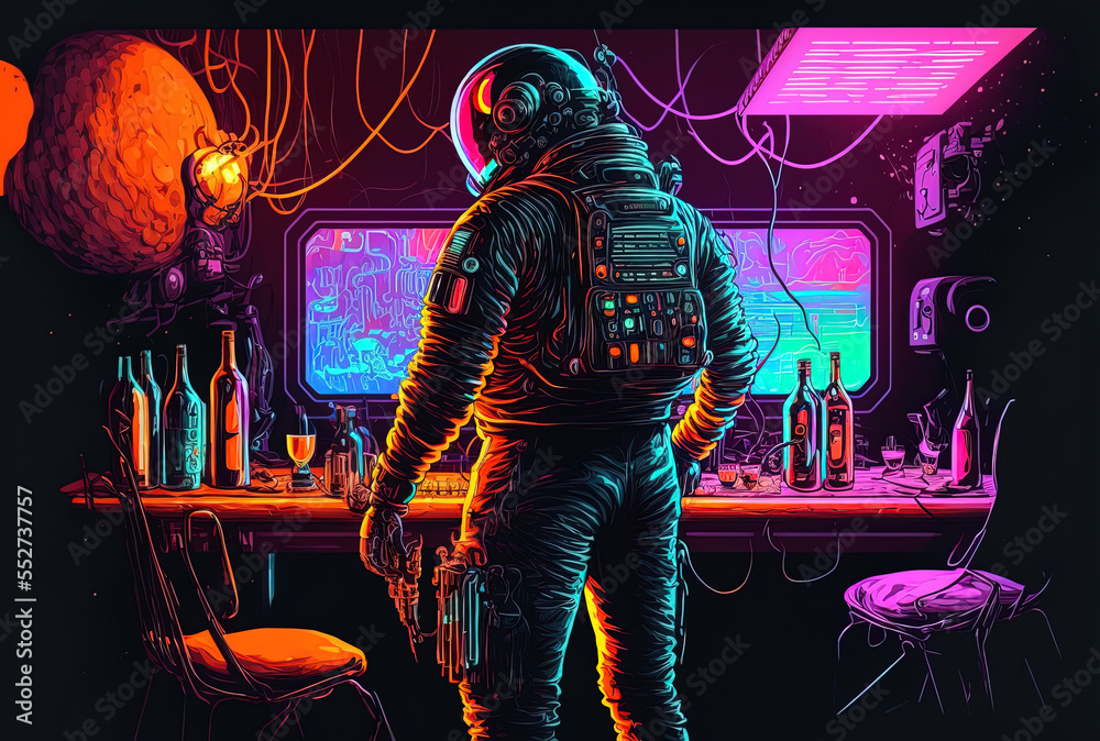 Astronaut in a nightclub setting with music and flashing neon lights ...