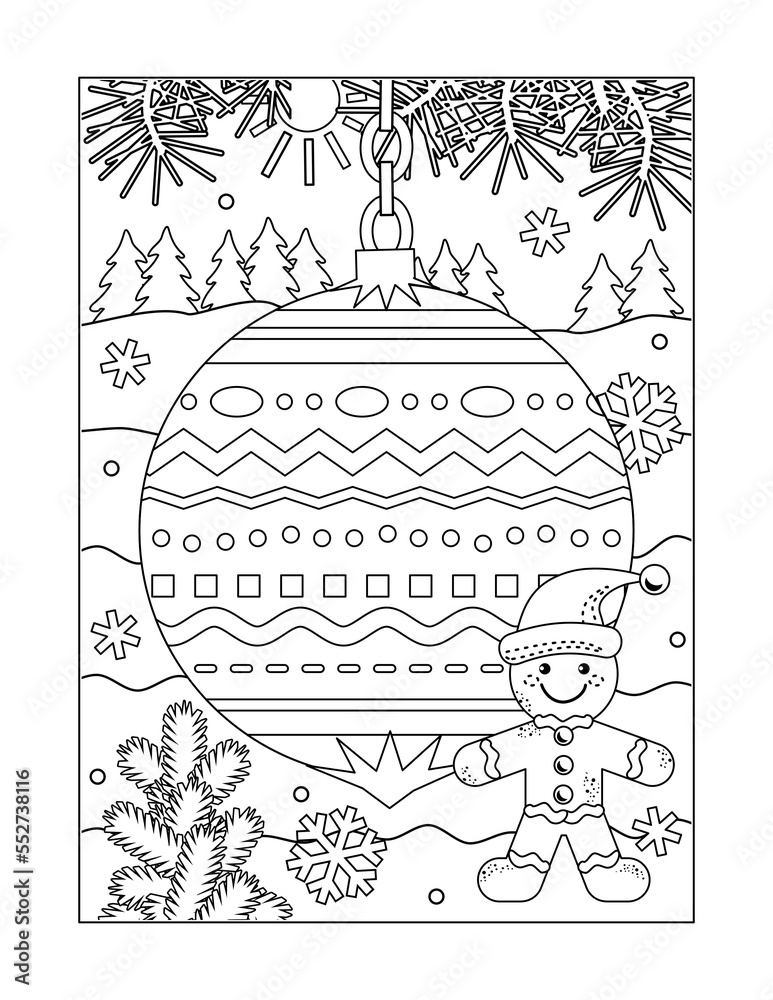 Winter holidays coloring page for kids and grown-ups with decorated ...
