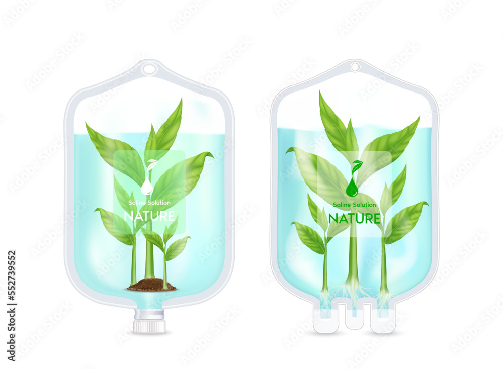 Seedling with leaf green in saline bag solution drip nature. Vitamin iv ...