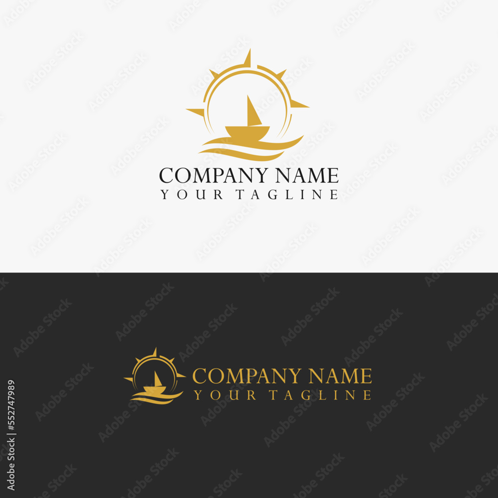Sailing ship compass illustration logo design template, symbol, icon ...