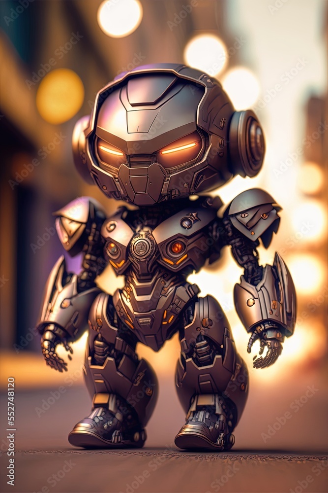 a cute toy chibi mecha in myrmidon armor, stainless skin, dramatic ...