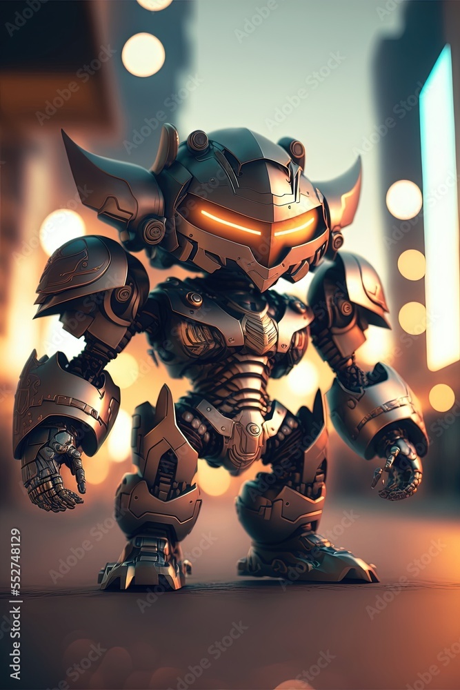 a cute toy chibi mecha in myrmidon armor, stainless skin, dramatic ...