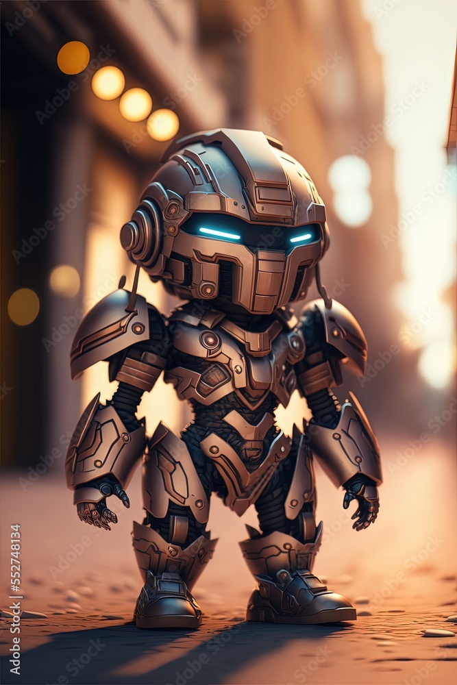 a cute toy chibi mecha in myrmidon armor, stainless skin, dramatic ...