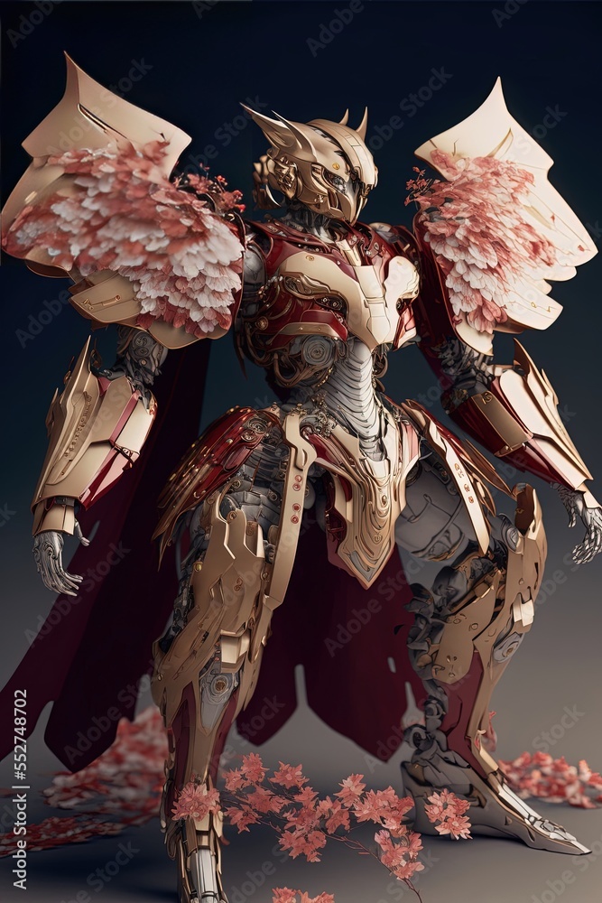red and ivory scifi mech suit, metal floral armor, mech design complex ...