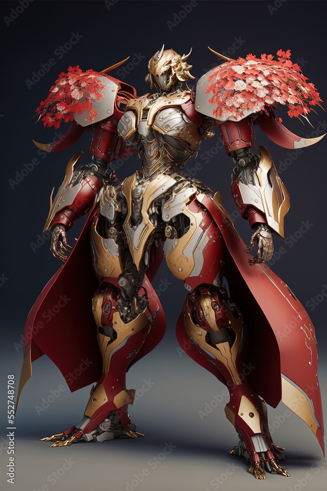 red and ivory scifi mech suit, metal floral armor, mech design complex ...