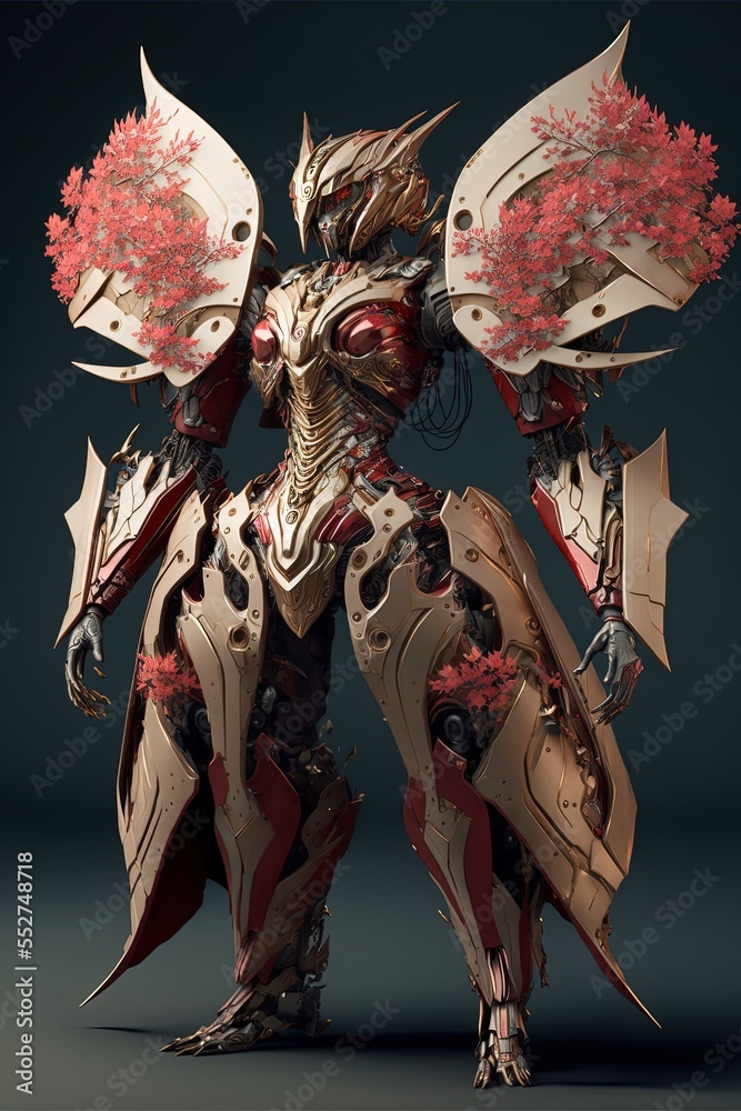 red and ivory scifi mech suit, metal floral armor, mech design complex ...