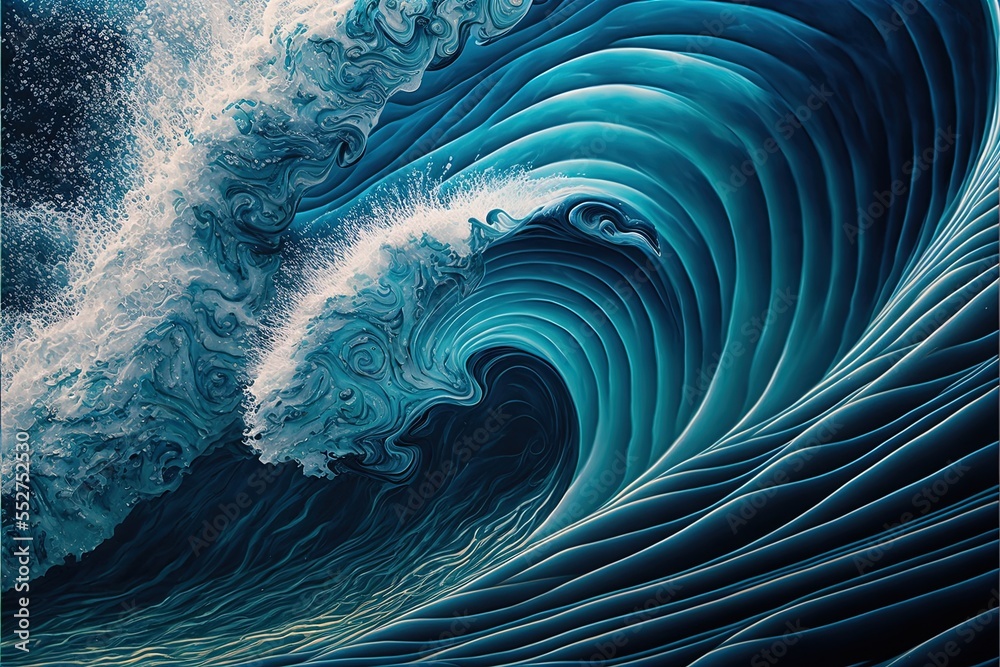a painting of a wave in the ocean with a blue sky background and white ...