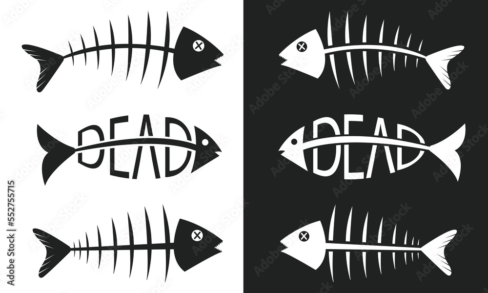 set of fish icons. Dead fish cartoon, fish bone and skeleton on black ...
