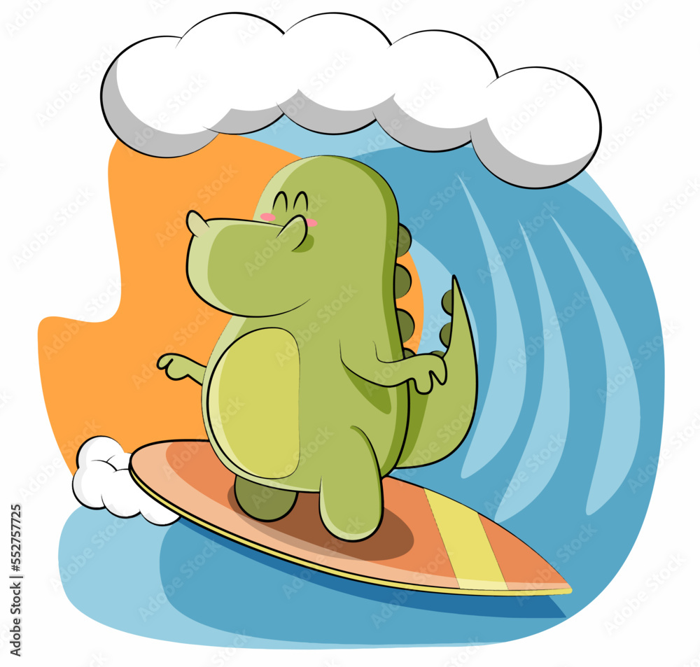Cute dinosaur decided to surf the big waves Stock Vector | Adobe Stock