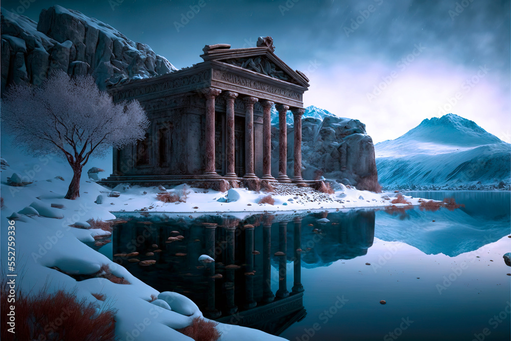 Fantasy landscape with cold and frozen ancient buildings reflecting in ...