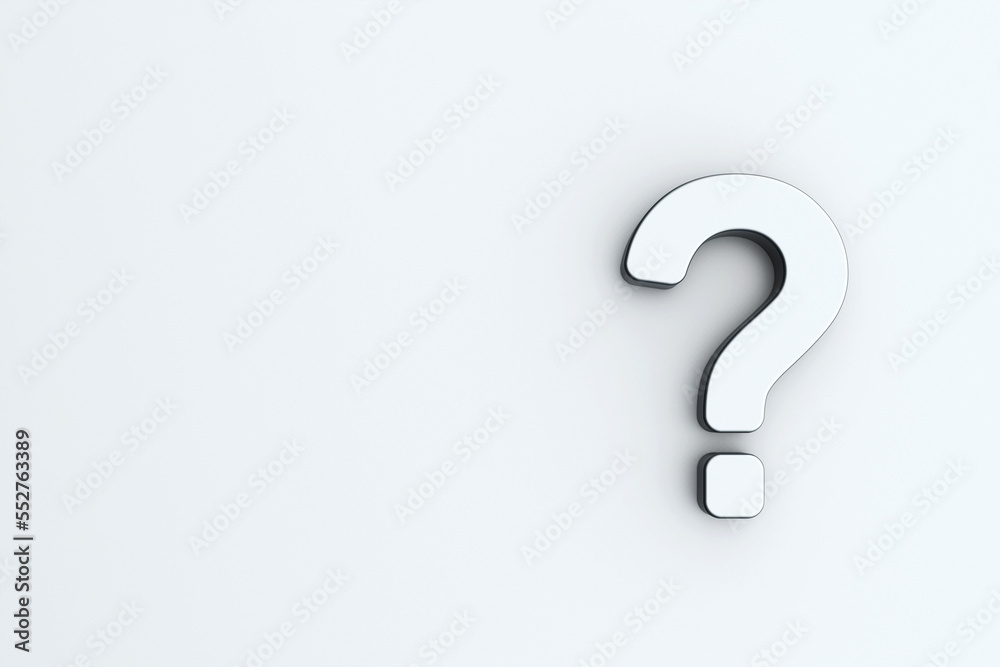 Front view of white question mark on white wall background. Business ...