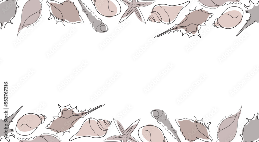 Seashells seamless banner. One line drawing of a shell. Hand drawn ...