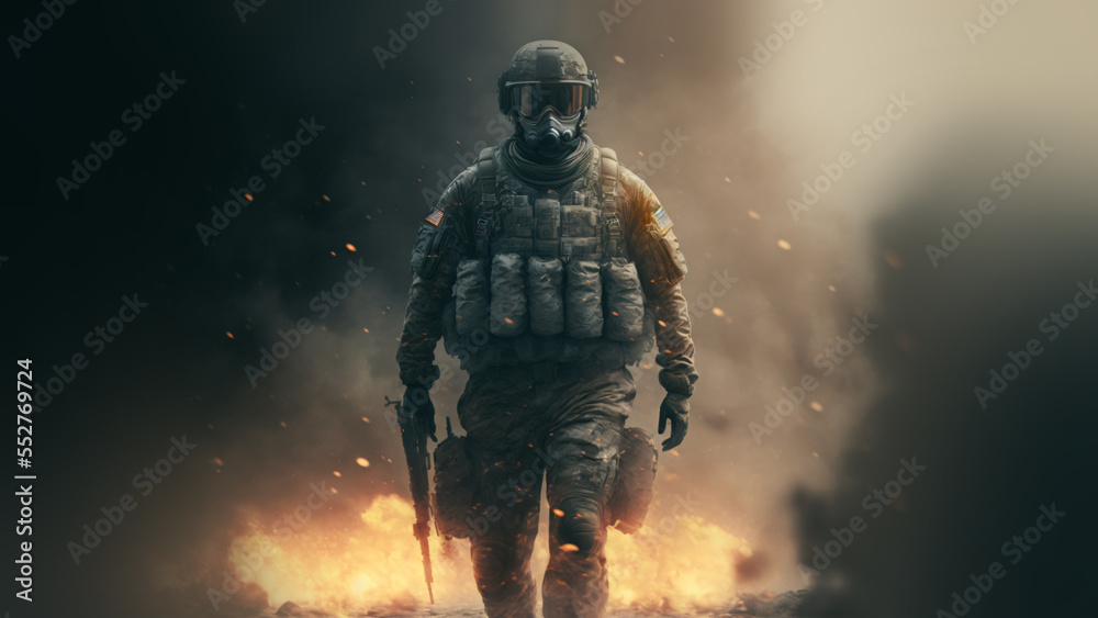 Lone soldier walking on the battlefield. Illustration of a a military ...