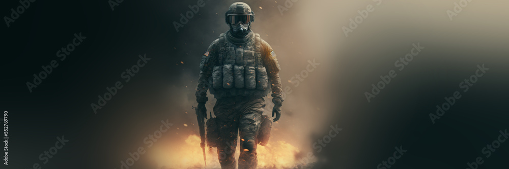 Lone soldier walking on the battlefield. Illustration of a a military ...