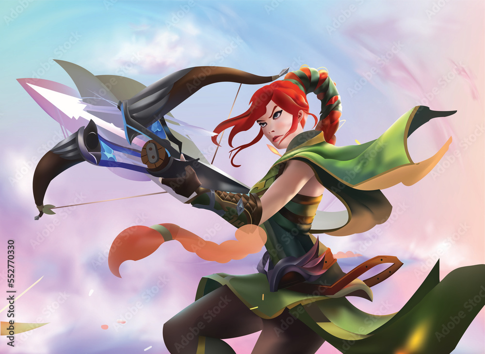 A brave, beautiful and fighter Anime Girl with long red hairs with ...