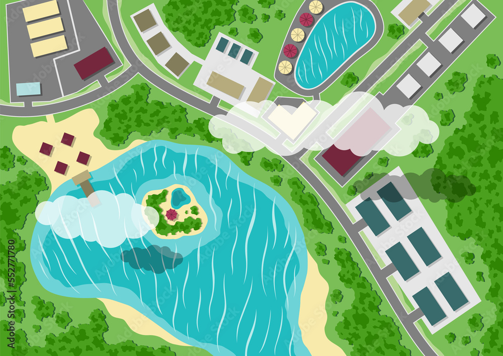 Suburban map. Village with lake, aerial view. Editable plan of generic ...