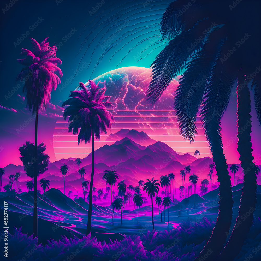 Synthwave sunset, landscape with palm trees, retro wave illustration ...