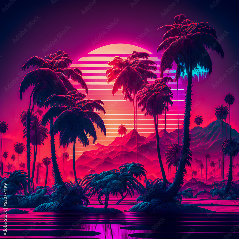 Synthwave sunset, landscape with palm trees, retro wave illustration ...
