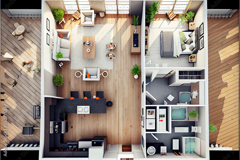Floor plan of a house top view 3D illustration. Stock Illustration ...