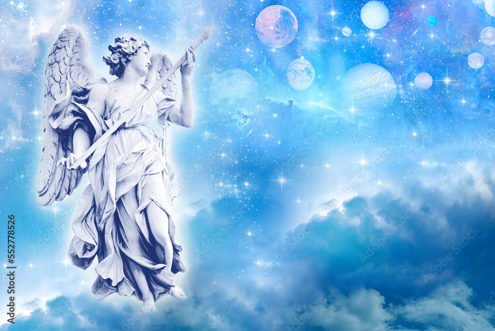 angel archangel with universe - planets, cosmic light, sky and nebula ...