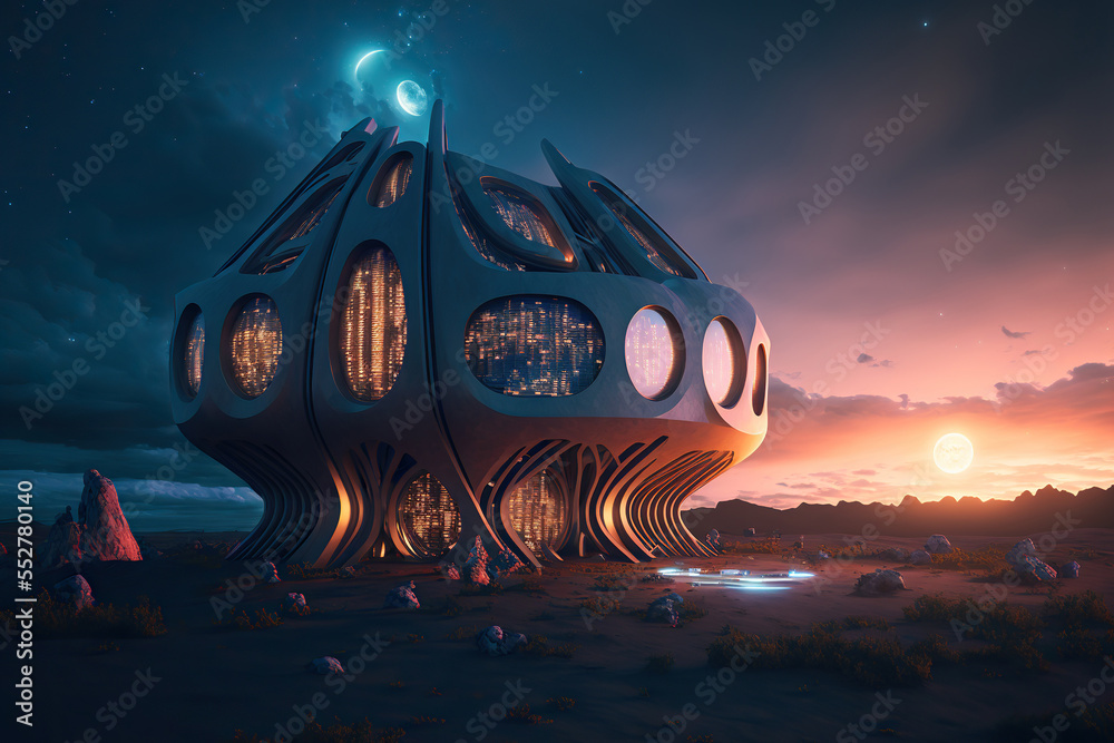 Futuristic architecture on alien planet, space expansion concept ...