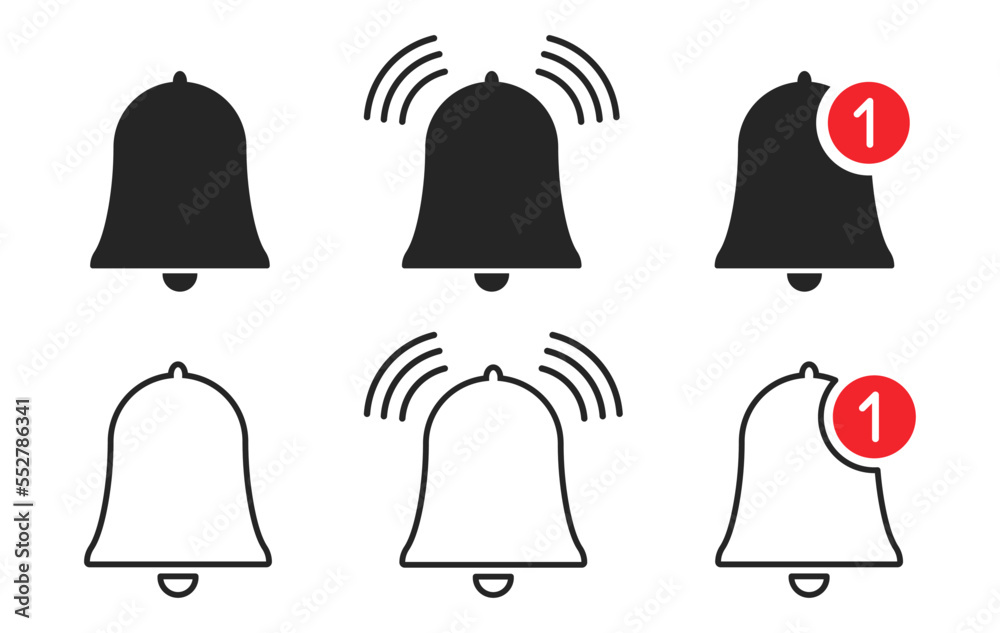 Notification message bell icon set. Monochrome bells signs in fill and ...