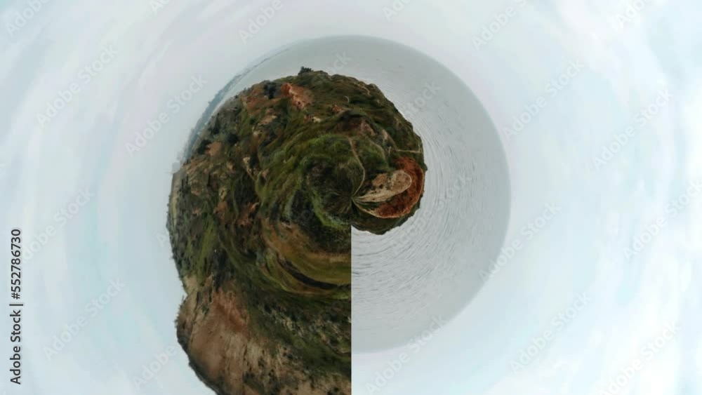 360 degrees of Equirectangular to Stereographic Panorama. Ocean water ...