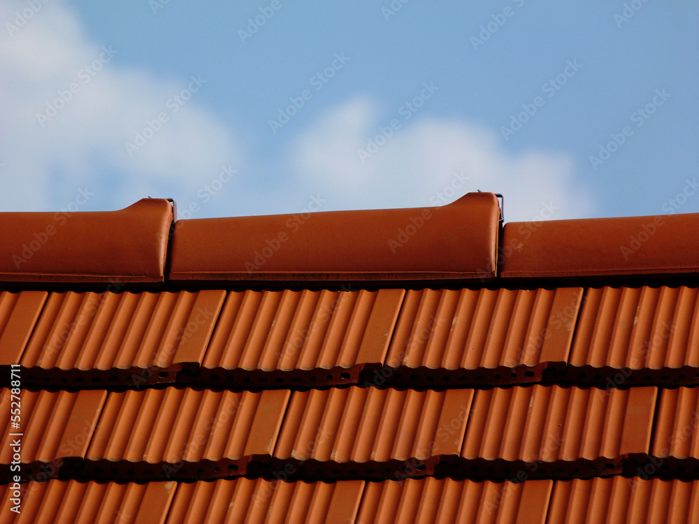 brand new sloped clay roof ridge detail. bright red clay roofing. clear ...