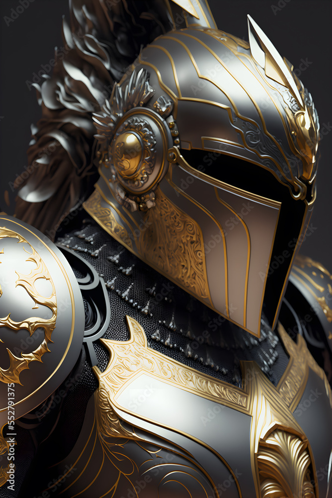 Detail of shining silver and gold armor with rococo style helmet, gold ...