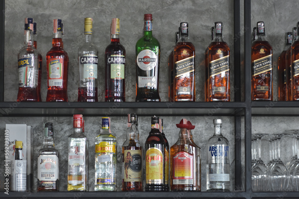 Various liquors and beverages on the liquor shelf Photo taken on 19 ...