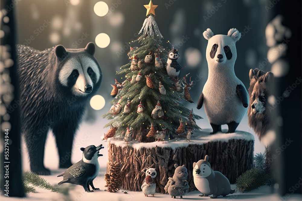 animals of the forest celebrating christmas around christmas tree with ...