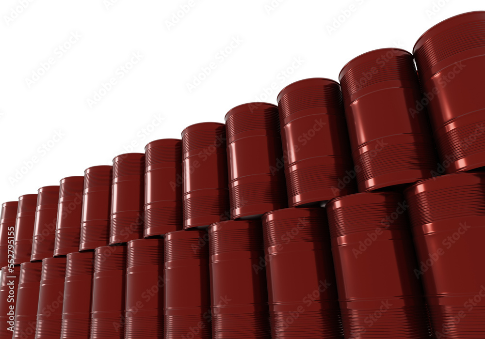 Large industrial stack of oil barrels against isolated background, 3d ...
