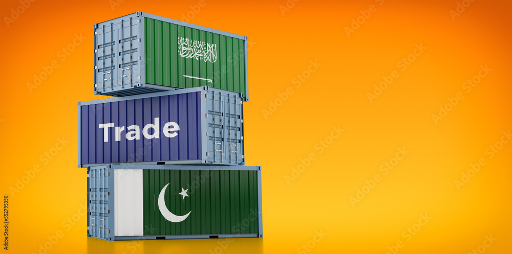 Cargo containers with Pakistan and Saudi Arabia national flags. 3D ...