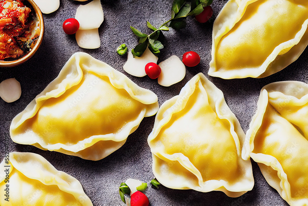 Fresh homemade polish pierogi with meat filling on table (Generative AI ...