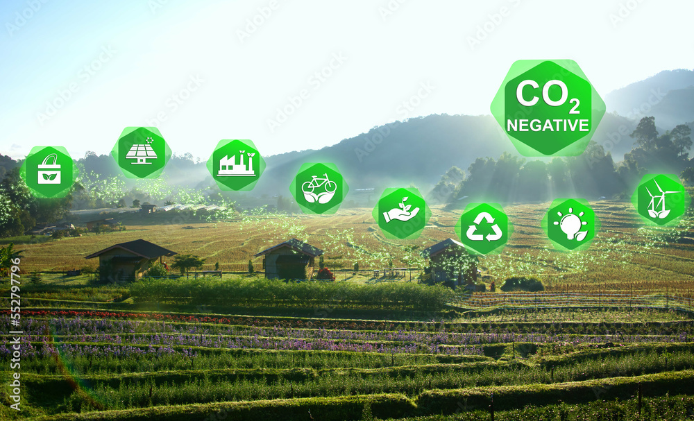 Negative carbon dioxide concept and background is a rural village ...