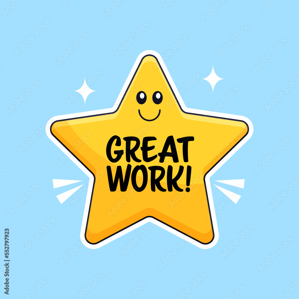 great work text inside golden star sticker with cute face vector ...
