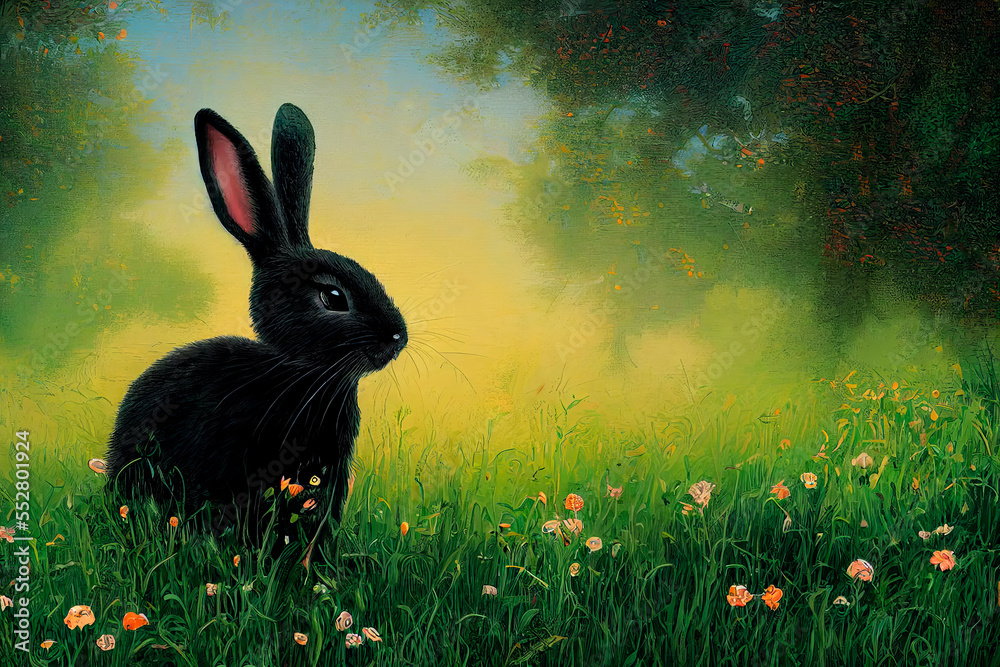 Black rabbit in the forest, in the wild. Illustration for advertising ...
